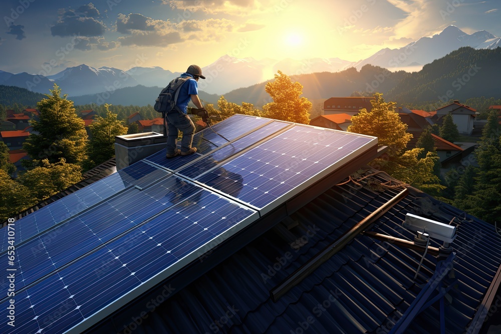 Engineer install and connect a solar panel system. Photo of an engineer ...