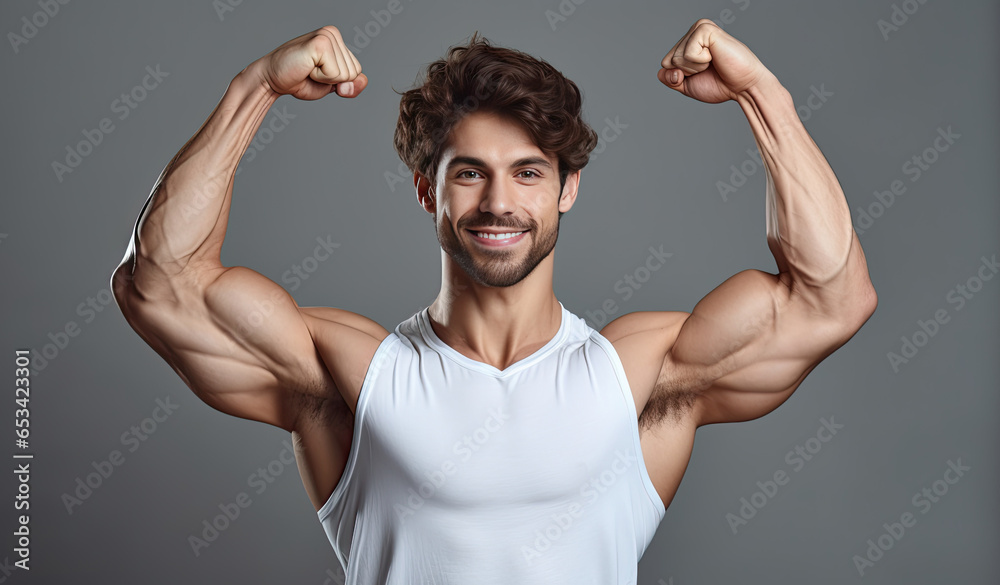 Young muscular bodybuilder guy demonstrates his muscles. Champion ...