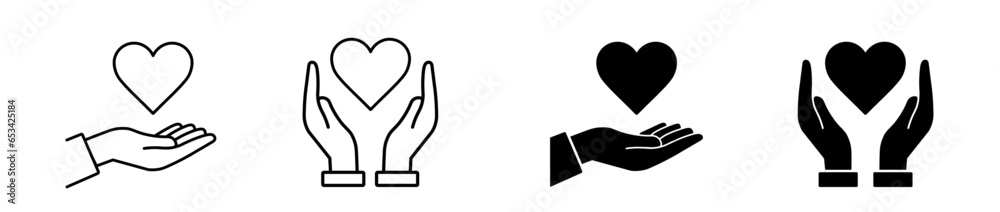 Giving heart icon set. Hand holding heart symbol. Charity, health, love ...