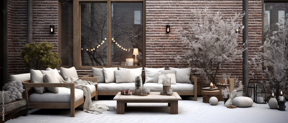 Christmas mockup. Winter, snowy patio of suburban house. Luxury ...