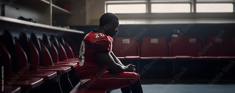 Upset football player in red uniform sitting alone on bench in sports ...