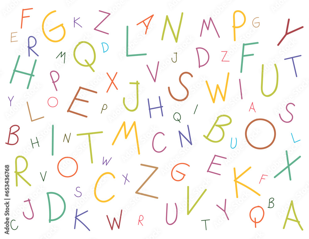 Mixed alphabet pattern background. Freehand drawn colorful letters ...