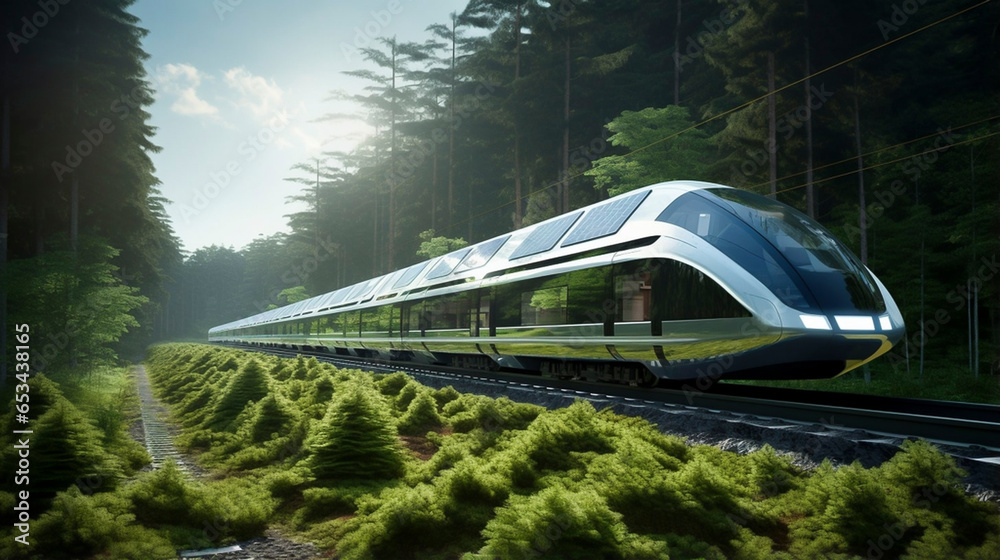 stockphoto, Train with roof made from solar panels, on track in forest ...