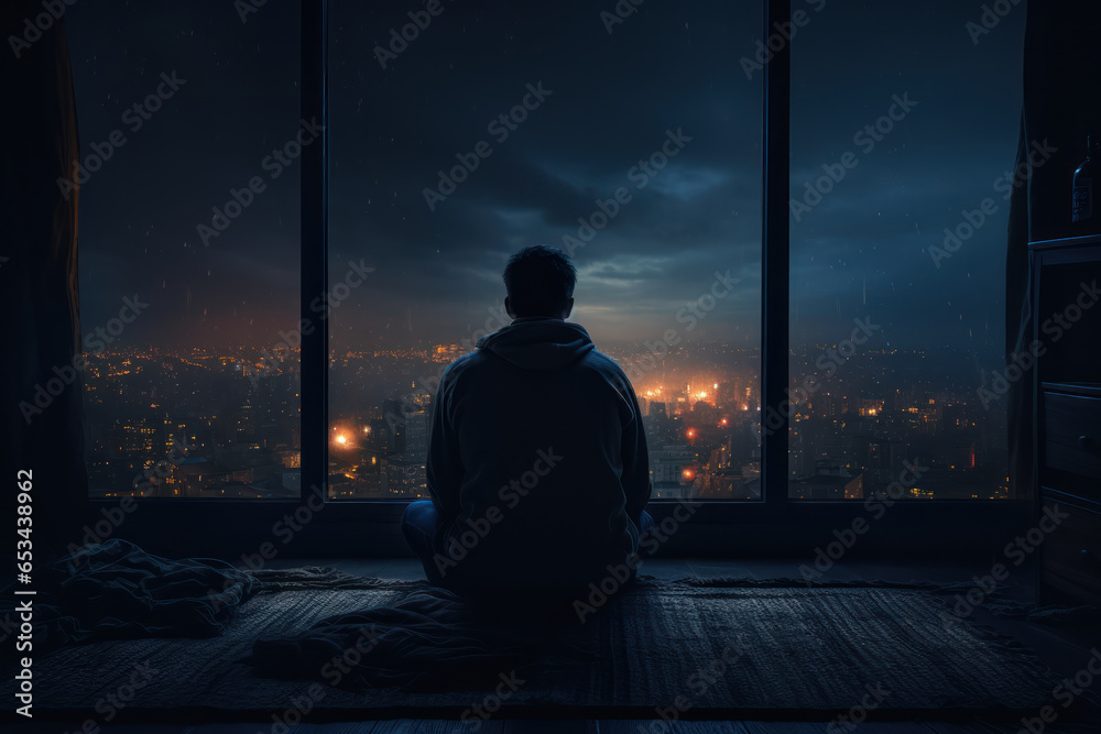 A person sitting alone in a dimly lit room, gazing out the window at a ...