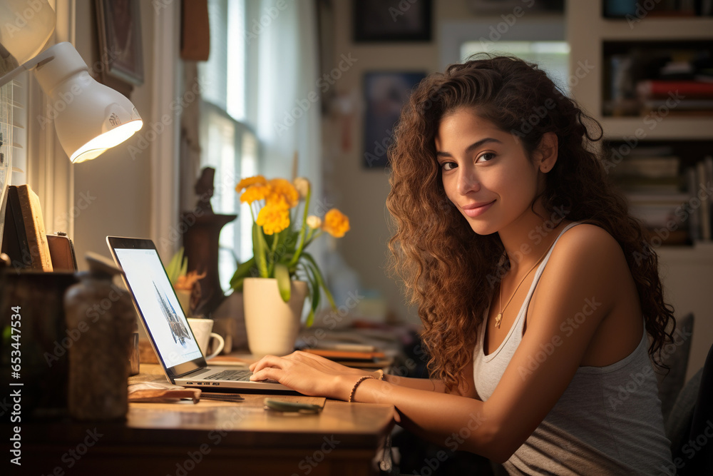 Beautiful authentic Latina female sitting at a desk in a cozy living ...