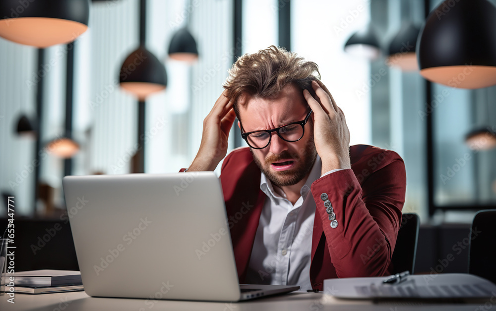 An anxious stressed red in face frustrated 35 year old man sitting at a ...