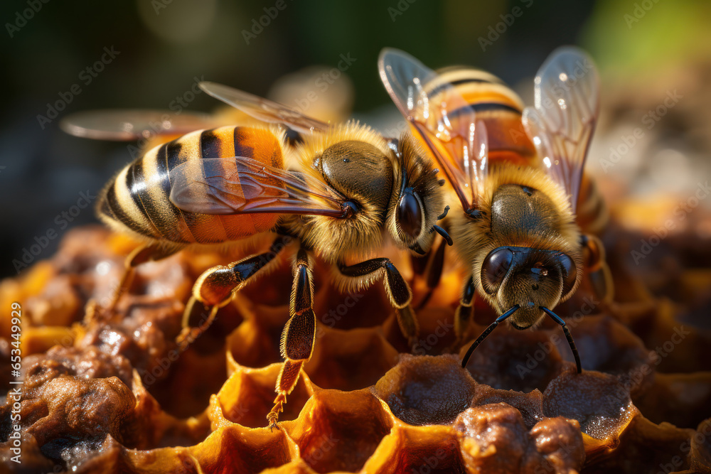 A beehive with bees in various roles, showcasing the efficiency and ...