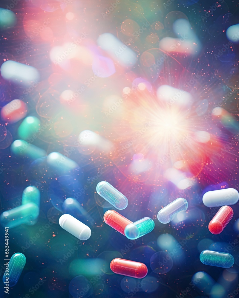 Blurred out close up of medication pills background with lots of bokeh ...