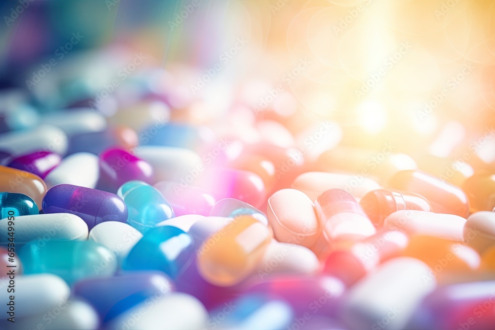 Blurred out close up of medication pills background with lots of bokeh ...