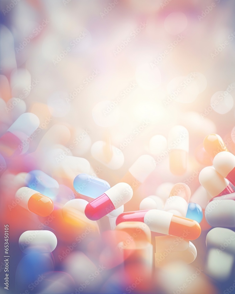 Blurred out close up of medication pills background with lots of bokeh ...