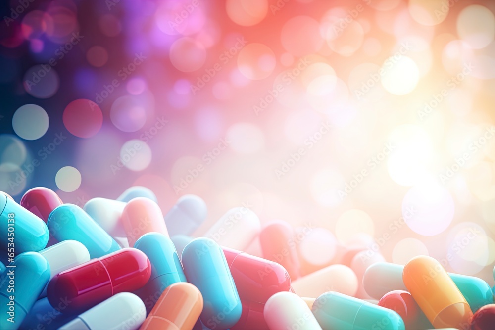 Blurred out close up of medication pills background with lots of bokeh ...