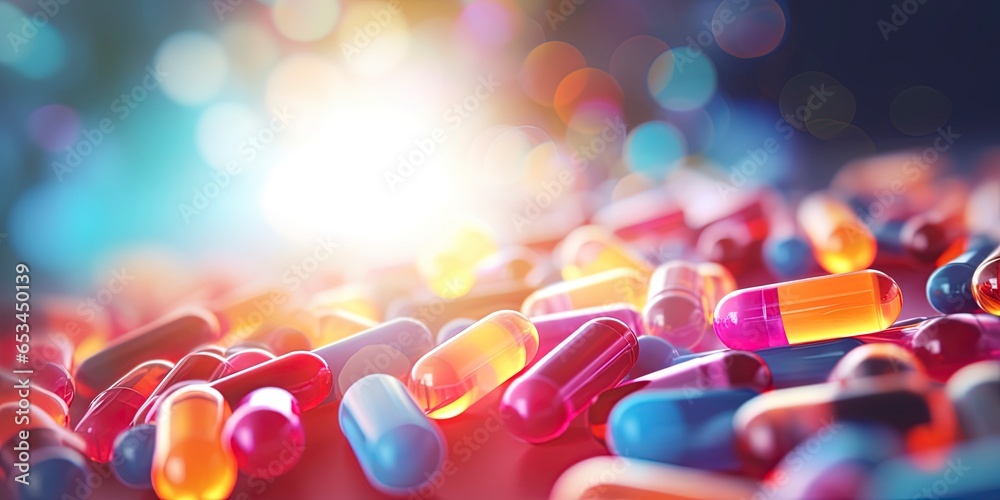 Blurred out close up of medication pills background with lots of bokeh ...