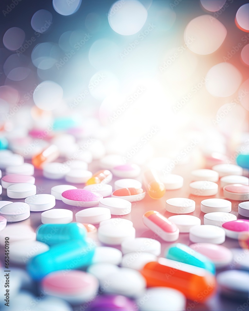 Blurred out close up of medication pills background with lots of bokeh ...
