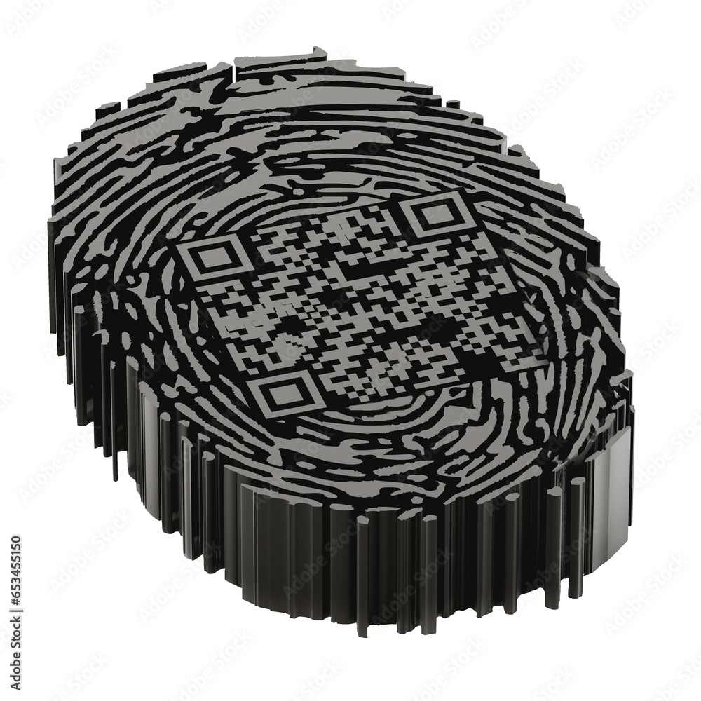 Generic QR code inside fingerprint on transparent background. 3D ...