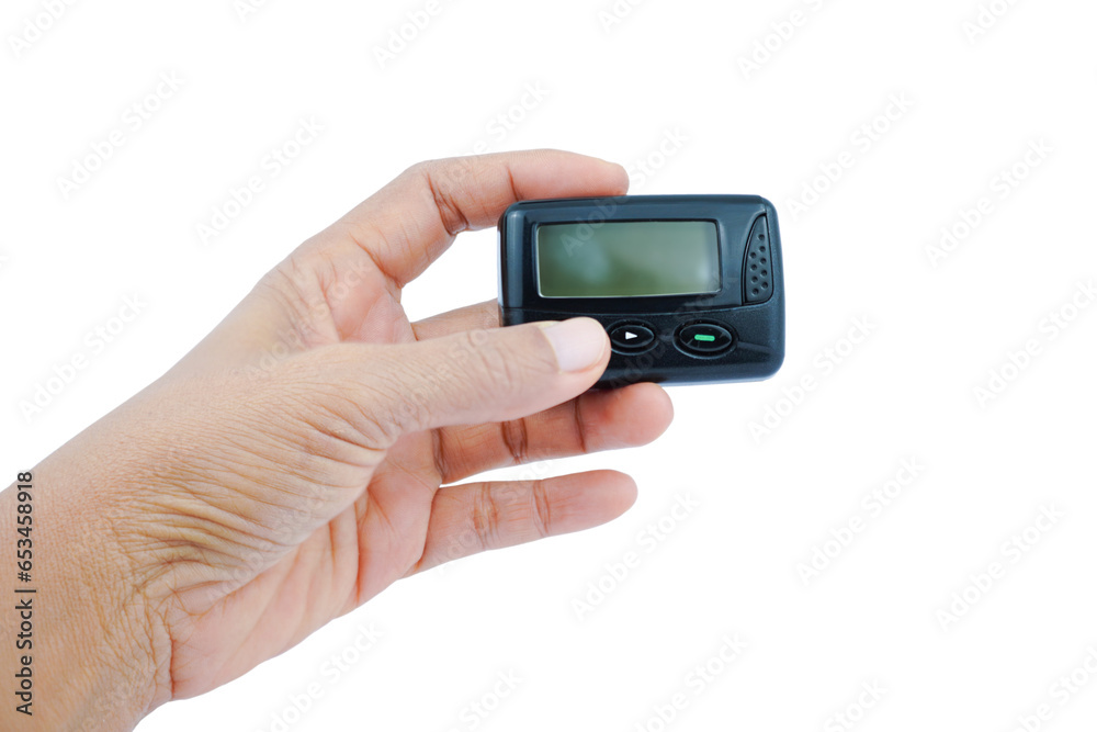 Hand holding pager isolated on transparent background with clipping ...
