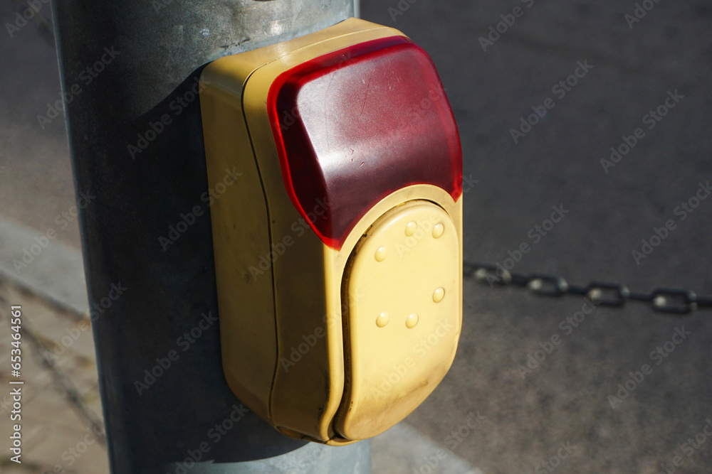 Traffic light button. Pedestrian crossing. Crosswalk yellow button ...