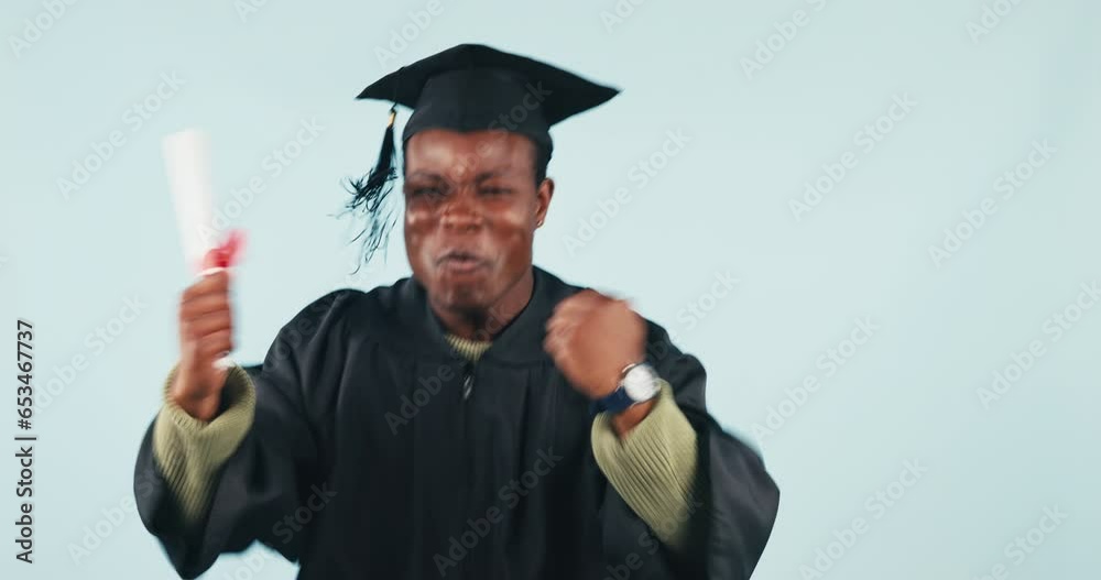 Excited, graduation certificate and black man celebrate in studio ...
