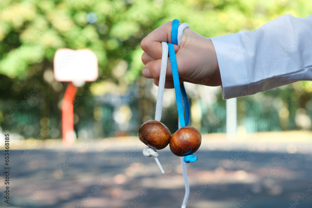 Child's hand holds pair of chestnuts on strings. Conkers game. Outdoor ...