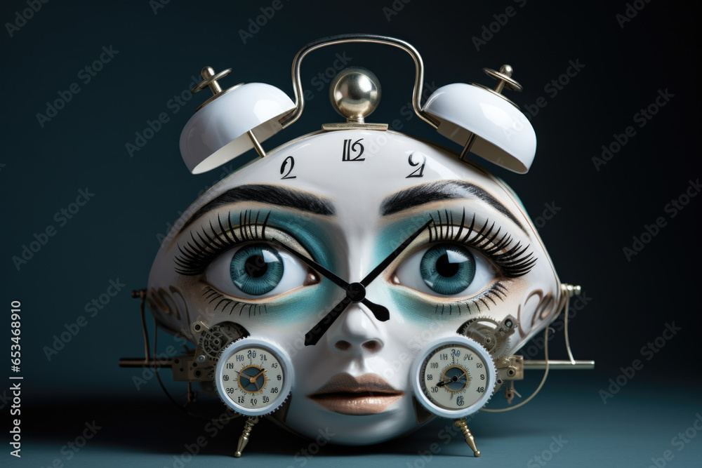 A human head with clock hands for eyes, a metaphor for the way time can ...