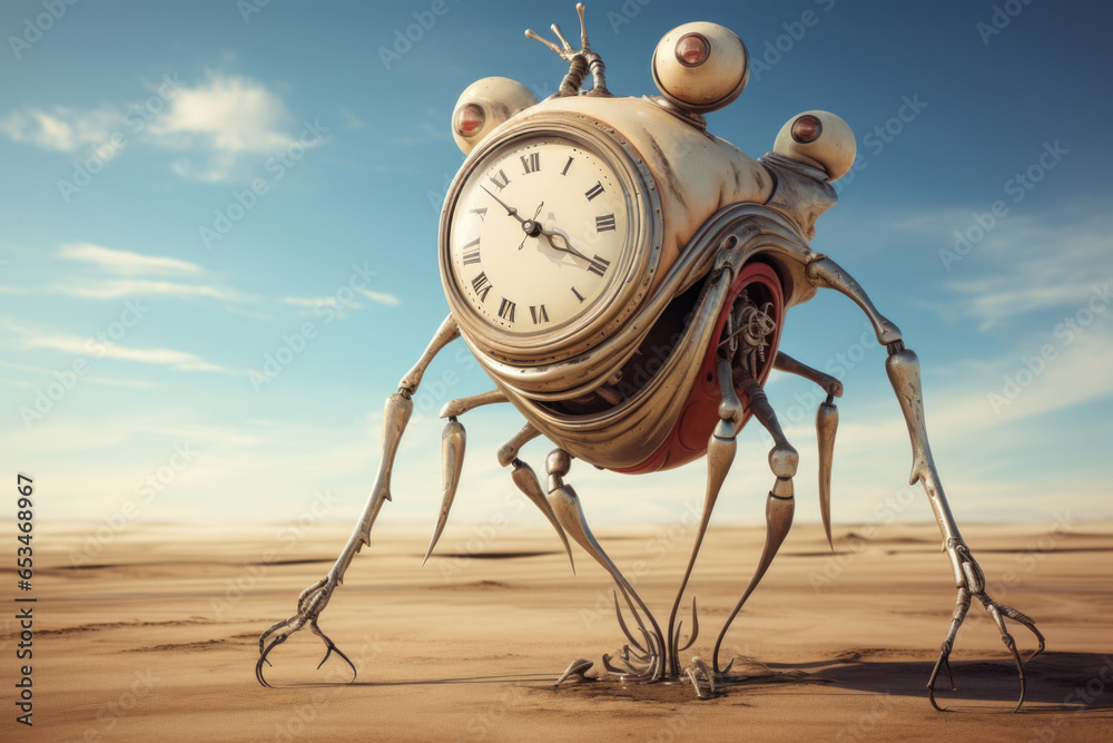 Time concept. Surreal image of a monster with a clock face instead of a ...
