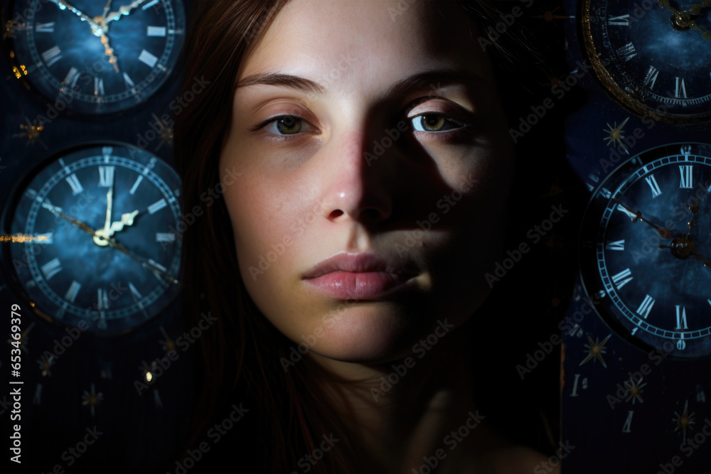 A waking woman against the background of clock dials in blue light ...