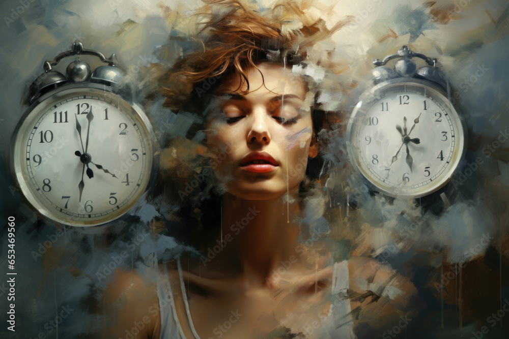 Illustration of a sleeping woman surrounded by two alarm clocks in the ...
