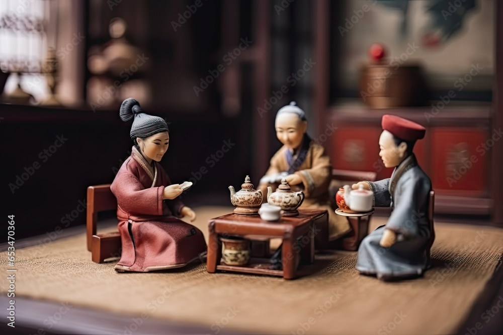 Miniature tea ceremony. Small diorama of Chinese people in ancient ...