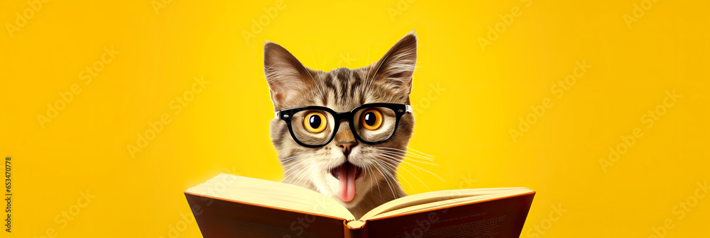 Funny cat in eyeglasses reading a book on yellow background. A cat with ...