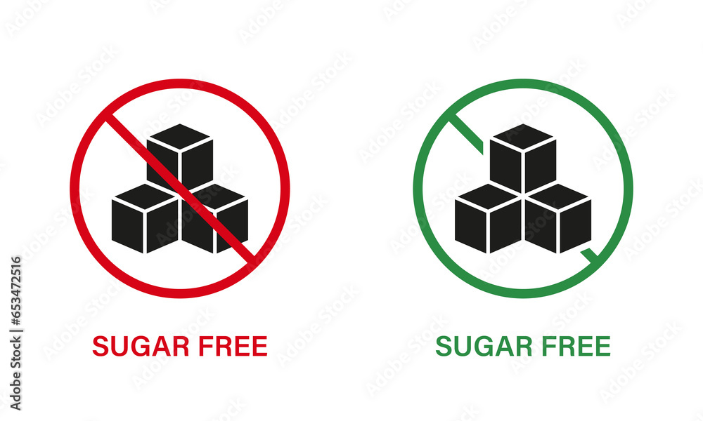 Sugar Free Silhouette Icon Set. Food No Added Sugar with Stop Sign ...
