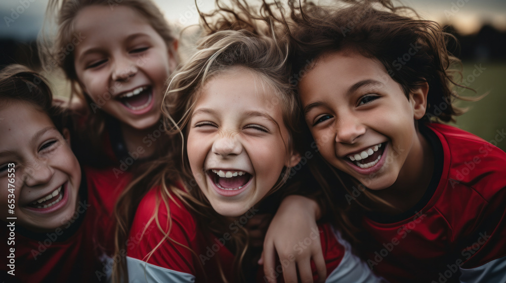 Happy football team of tween girls celebrating together Stock Photo ...