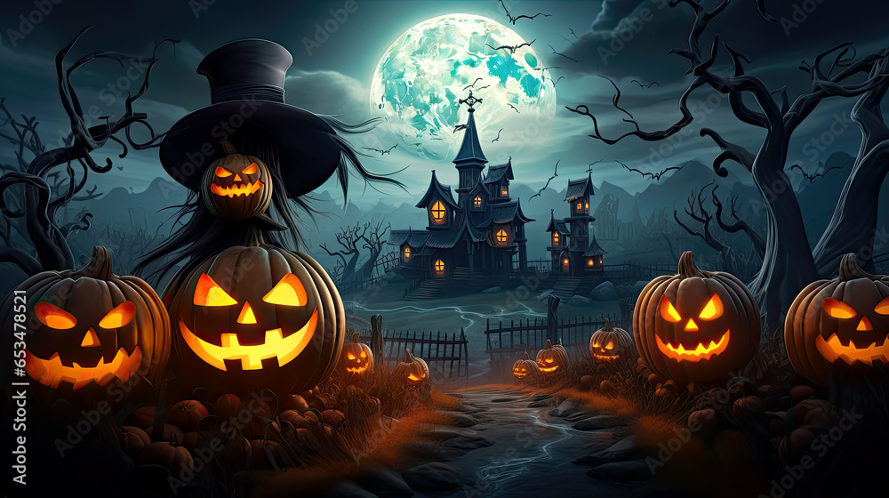 Spooky Night Halloween background. Graveyard cemetery, church, castle ...
