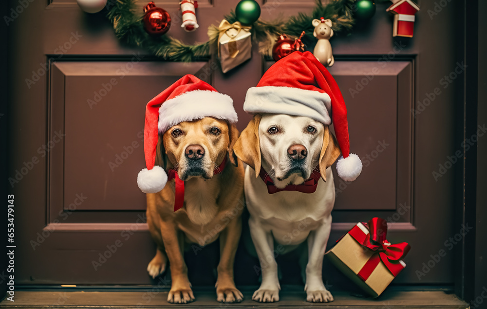 House Door decorated for Christmas with two cute dogs wearing Santa ...