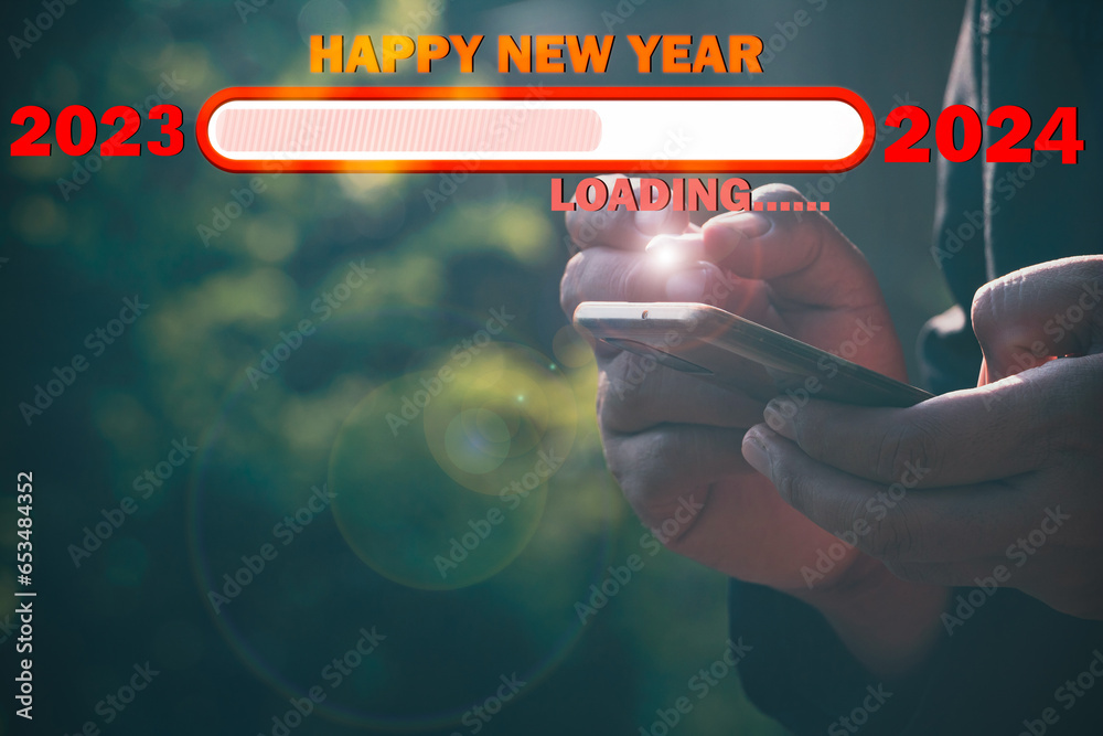 A man use mobile phone with loading with new year 2024 bar.Transfer ...