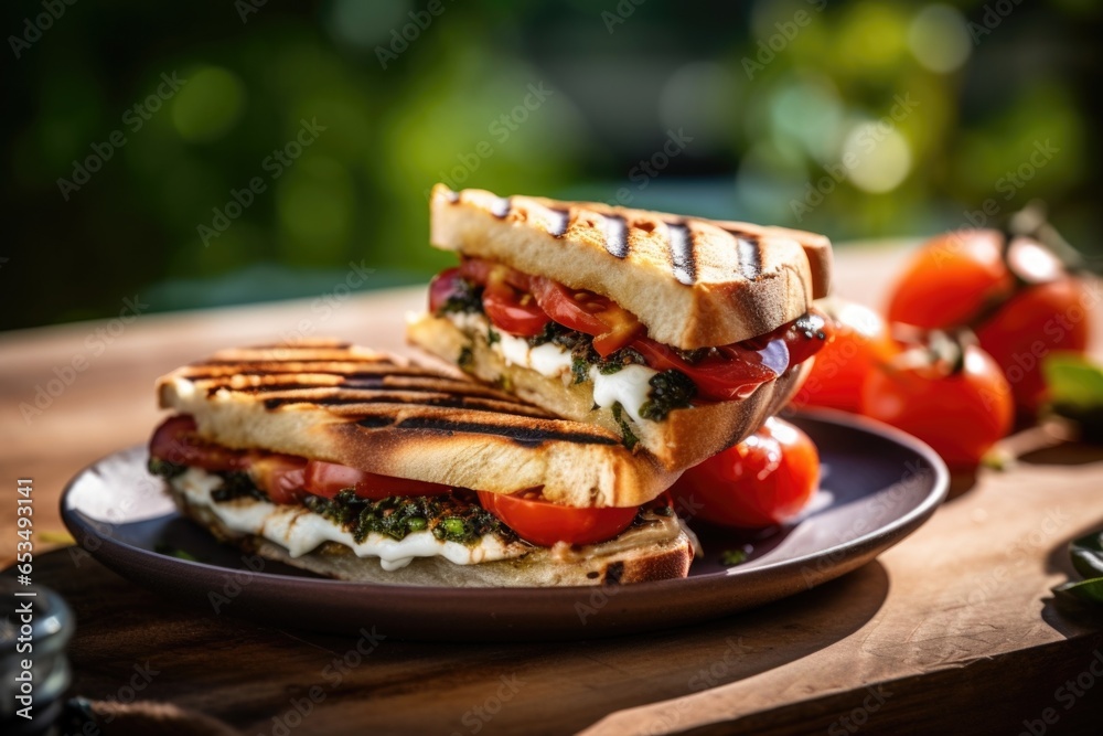 This enticing food shot showcases the rustic charm of a Caprese Panini ...