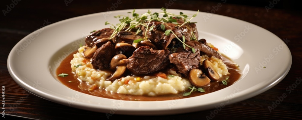 A plate artistically adorned with creamy risotto showcases tender ...