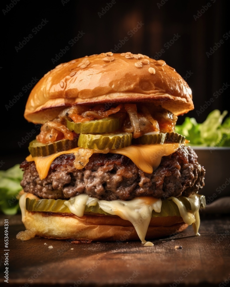 An enticing sideview shot highlighting a cheeseburger masterpiece, with ...