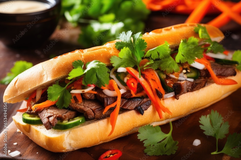 A plate of the iconic Vietnamese sandwich, Banh mi, boasting a crusty ...