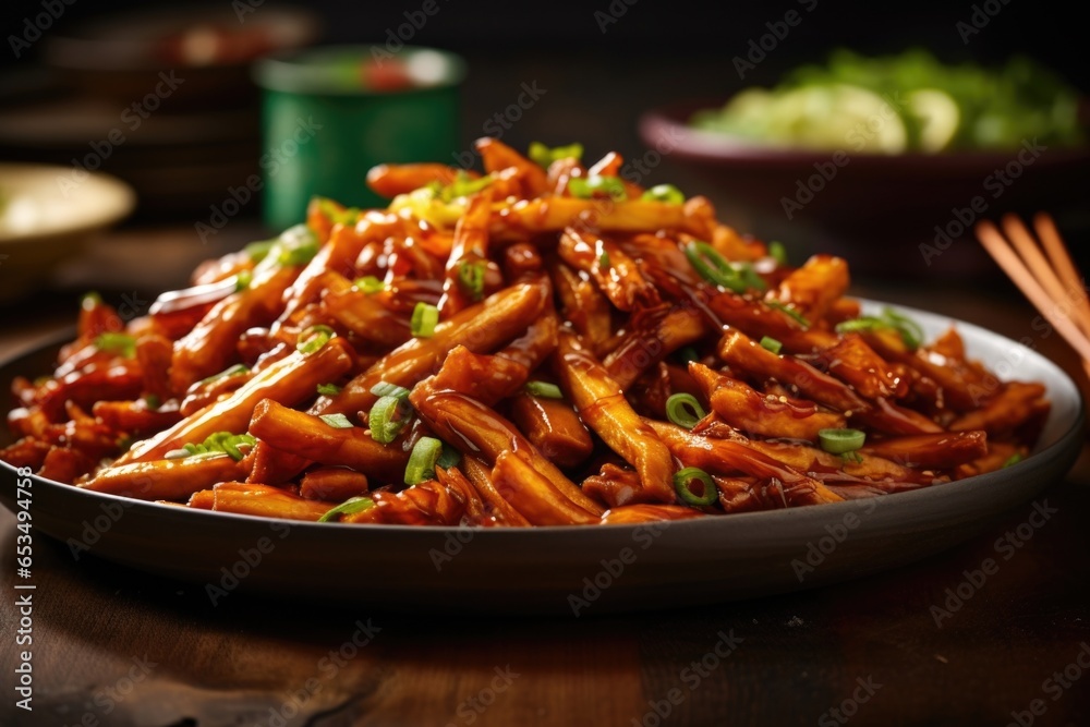 A visually striking image featuring jackfruit strips, marinated in a ...