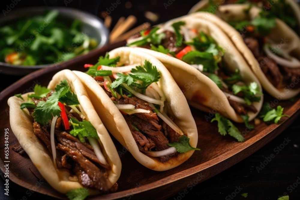 A sideangle shot capturing the delicate folds of a Bao bun, enfolding a ...