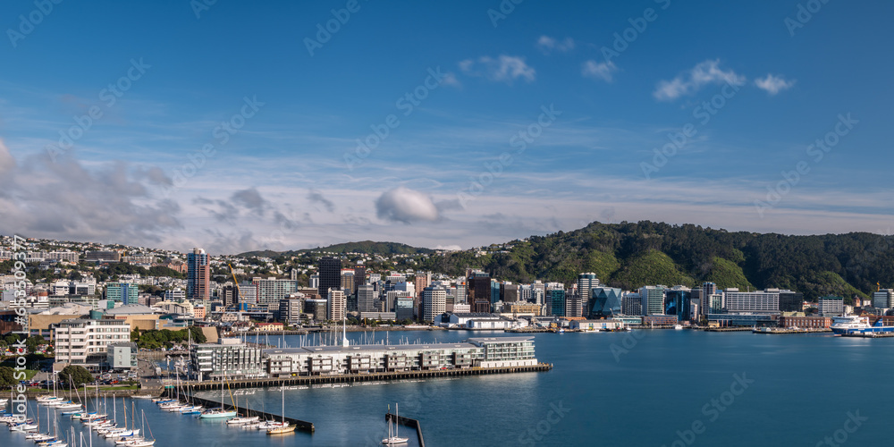 A panoramic view of the central city buildings and harbour in ...