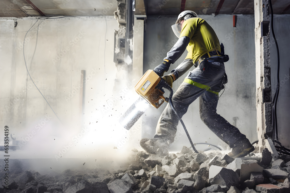construction worker using heavy duty jackhammer tool and breaking ...