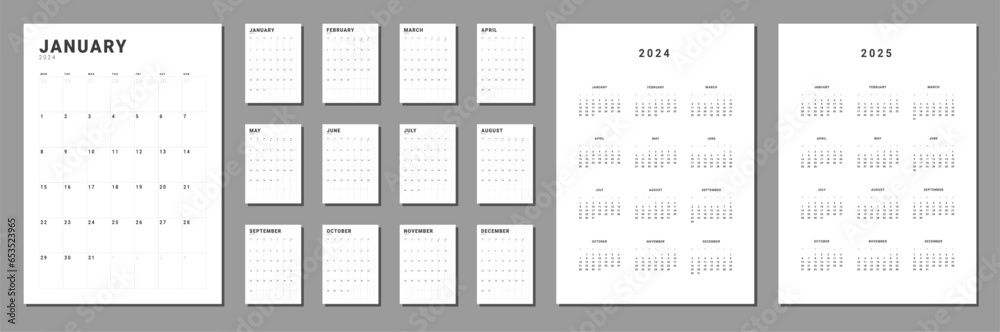 Set of Monthly pages Calendar Planner Templates 2024-2025. Vector ...