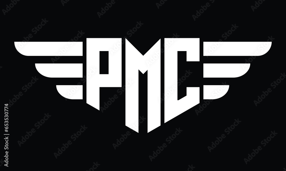 PMC three letter logo, creative wings shape logo design vector template ...