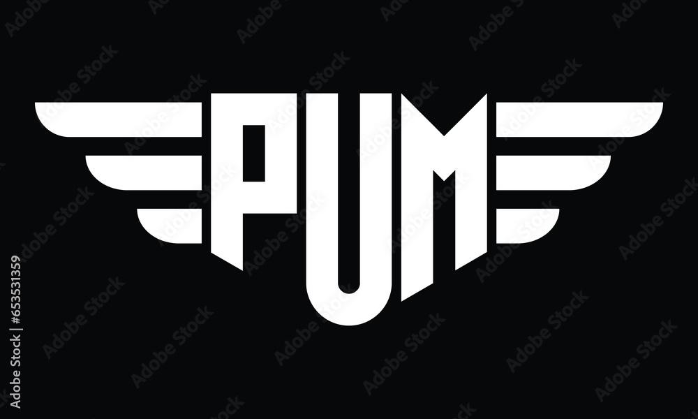 PUM three letter logo, creative wings shape logo design vector template ...