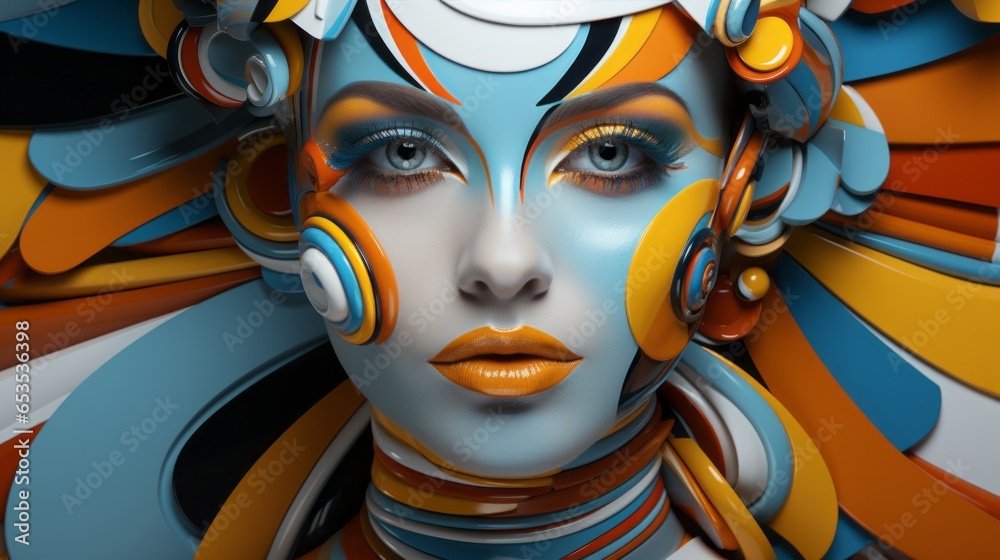 A painted face with vivid and imaginative makeup captures the beauty of ...