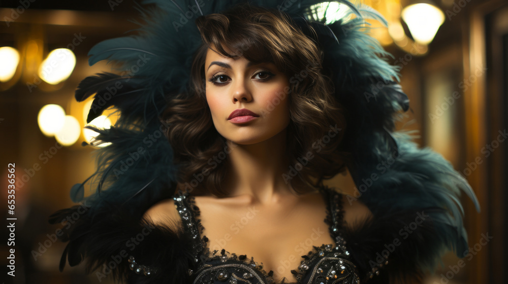 A glamorous woman in showstopping black dress with feathers and ...