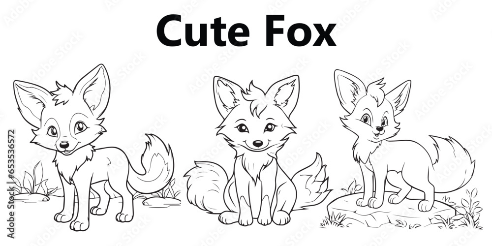 Cute Fox Line art coloring page vector collection Stock Vector | Adobe ...