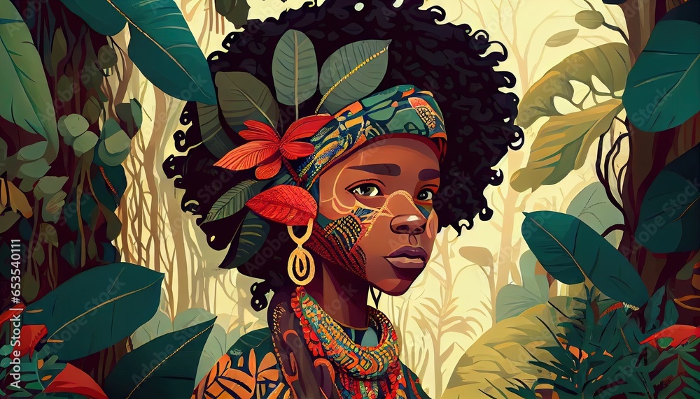 African tribal fairy tale princess in dress at the woodland background ...