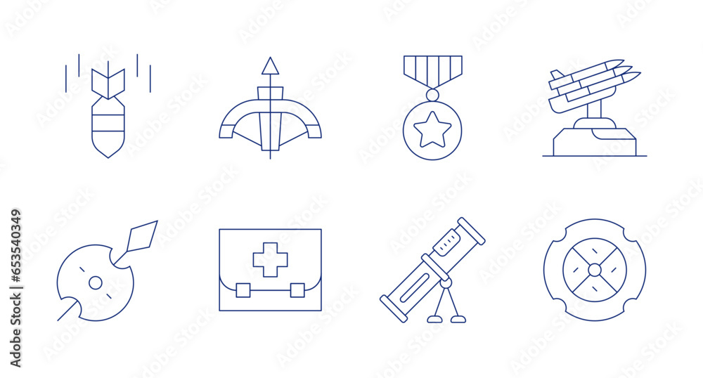 War icons. Editable stroke. Containing crossbow, first aid kit, medal ...
