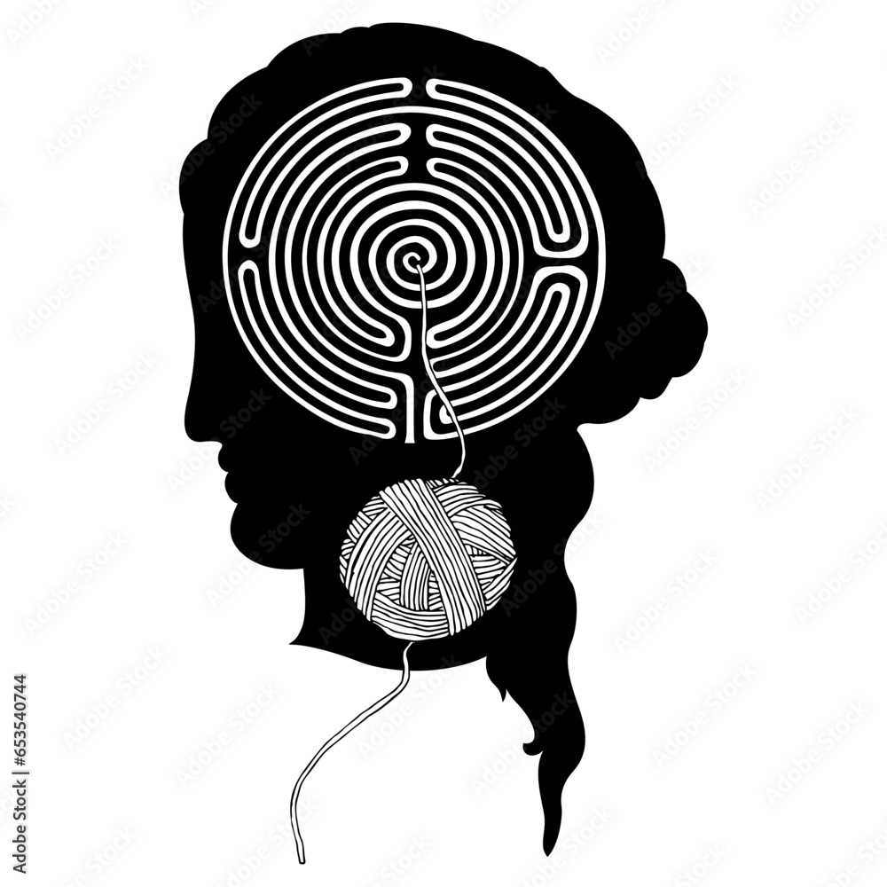 Round spiral maze or labyrinth symbol and a yarn ball inside woman's ...